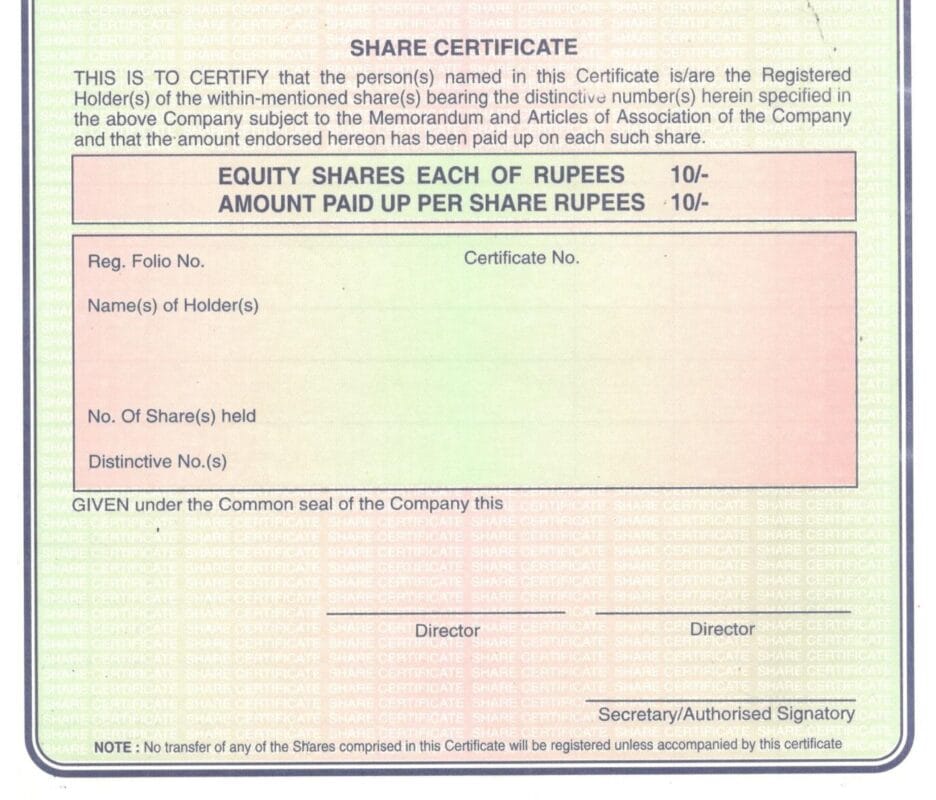 Share Certificate under Companies Act 1956 - Triokart